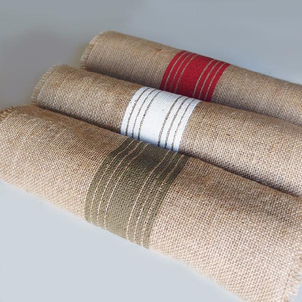 Green Striped Jute Table Runner w/ Fringed Edge 12.5 x 108